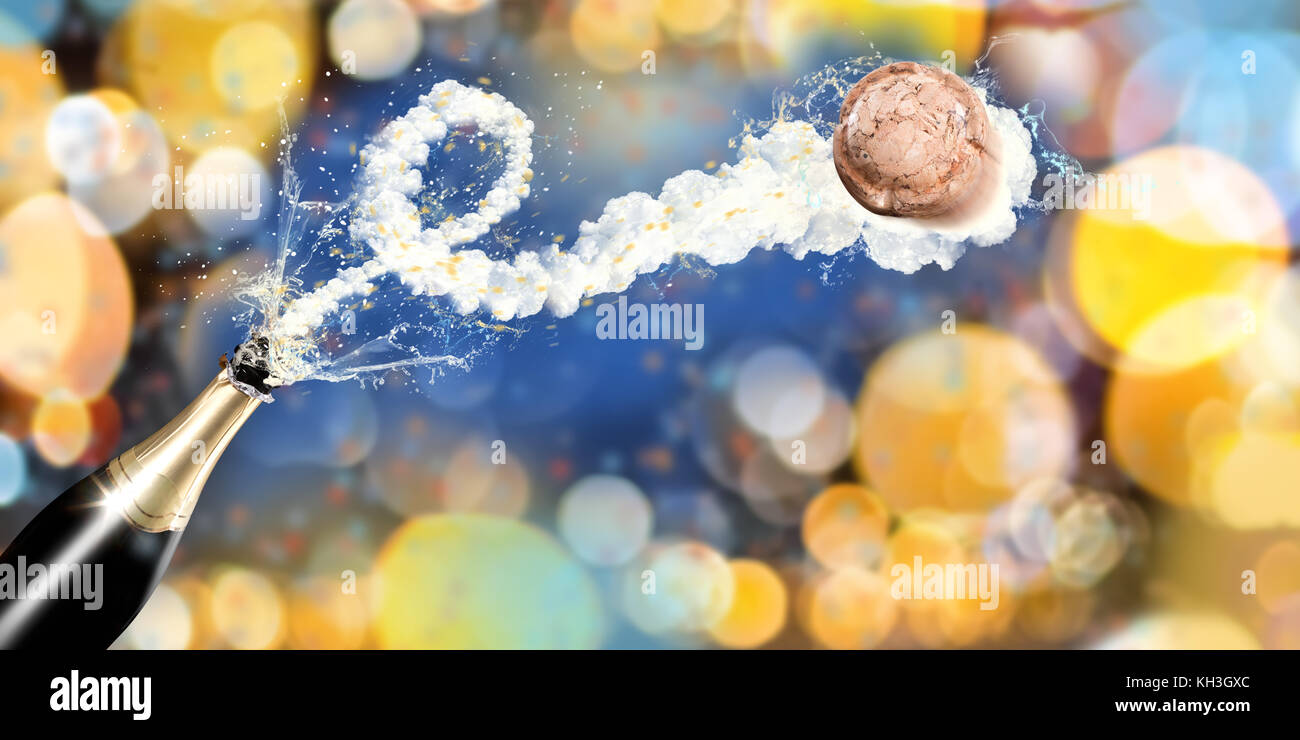 Champagne bottle with flying cork - colourful background Stock Photo ...