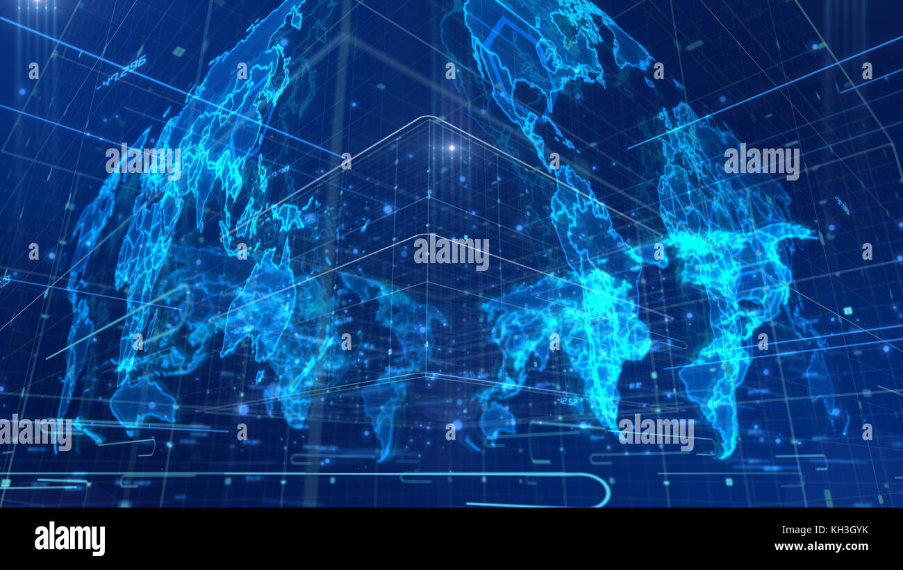 A futuristic 3d illustration of a cubic shaped world map placed askew ...