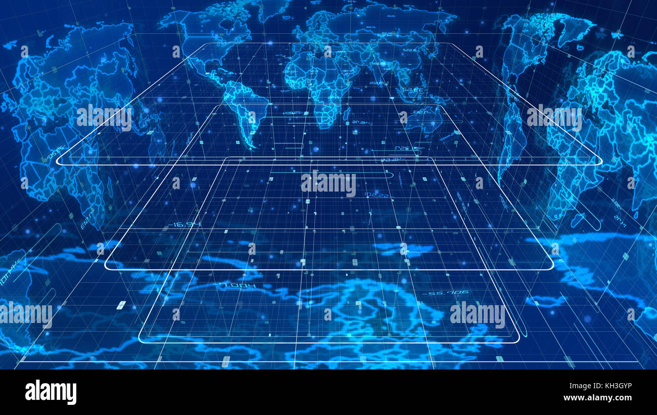 A hi-tech 3d illustration of a hollow-looking digital dissemination map ...