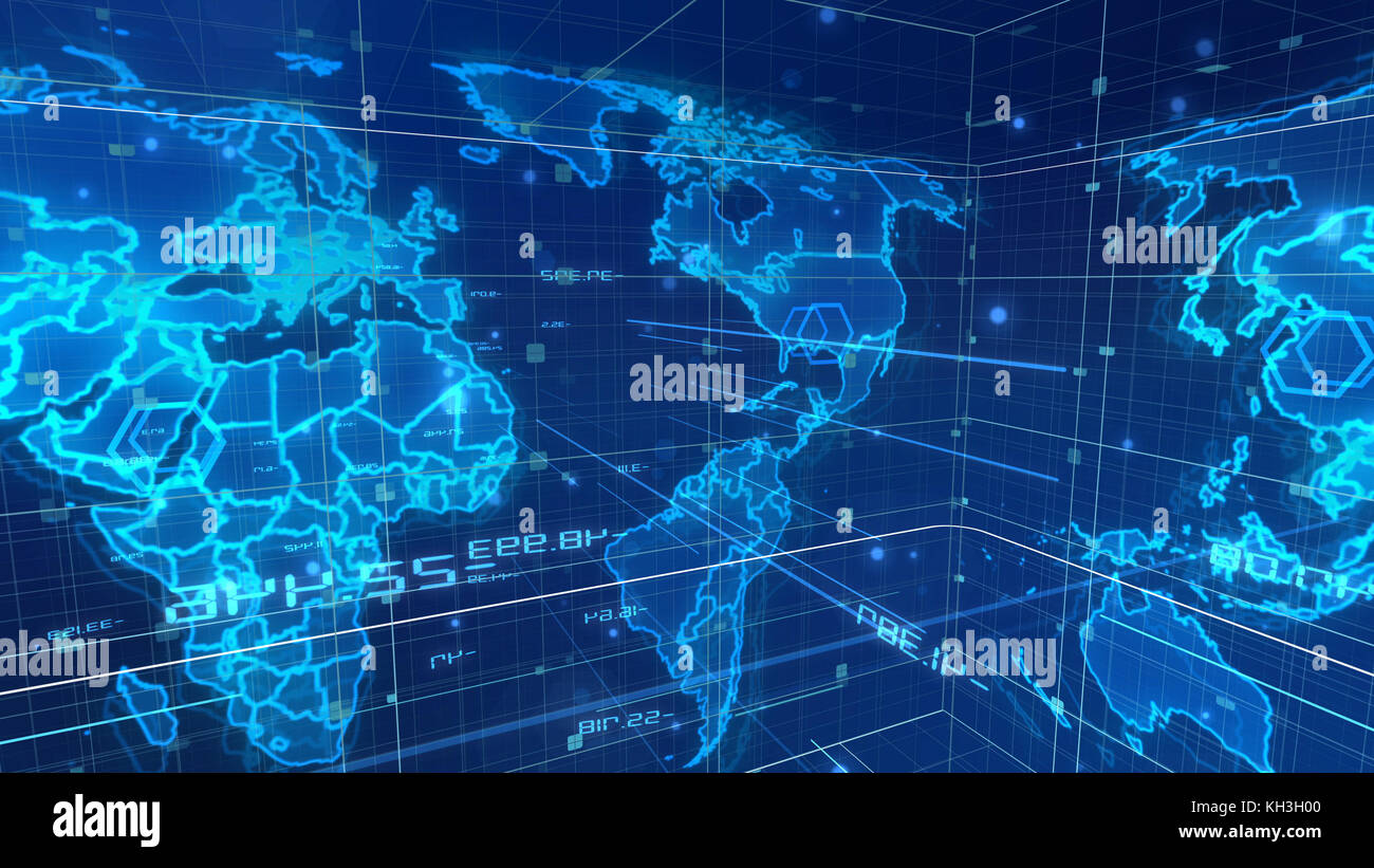 An innovative 3d illustration of a world communication map placed askew ...