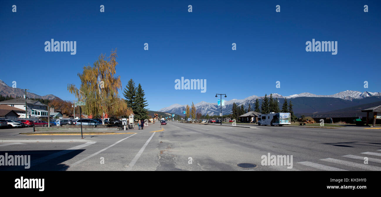 October 5, 2017: downtown Jasper, Alberta with a view of the rocky ...