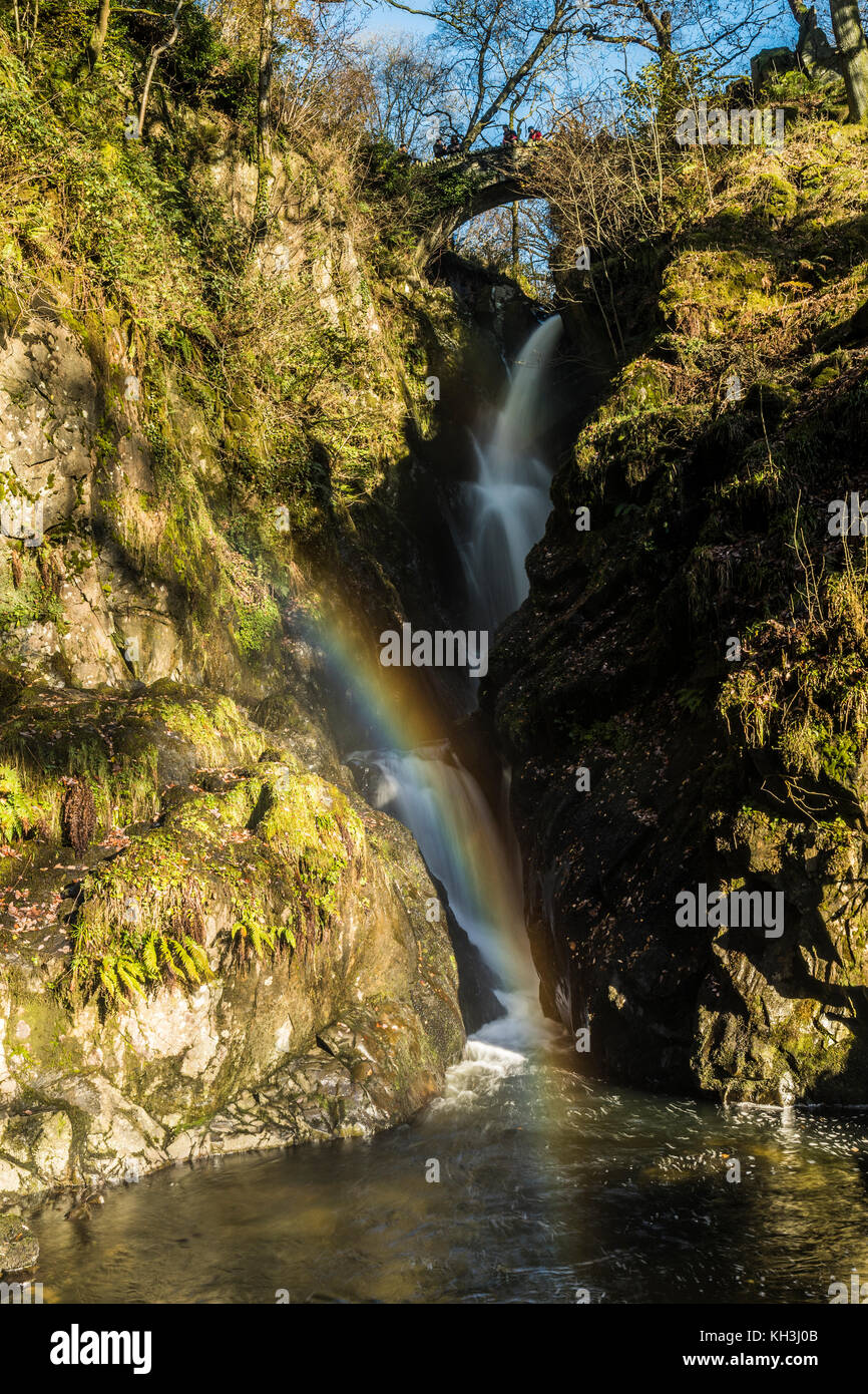 The Aira Force waterfall, managed by the National Trust with a rainbow ...