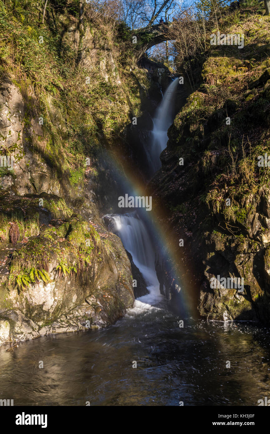 The Aira Force waterfall, managed by the National Trust with a rainbow ...