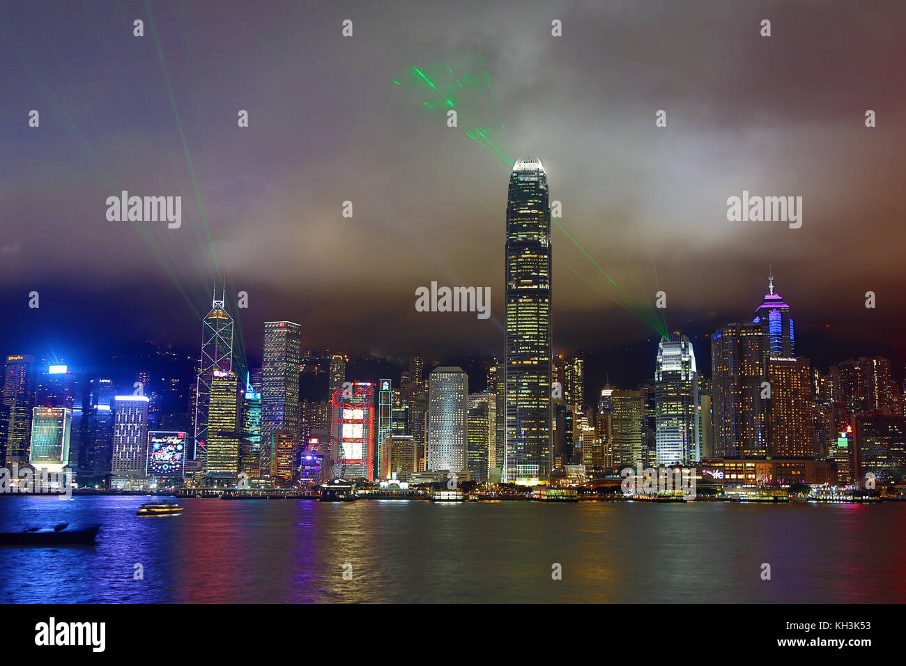 Lights of the city skyline of Central across Victoria Harbour and ...