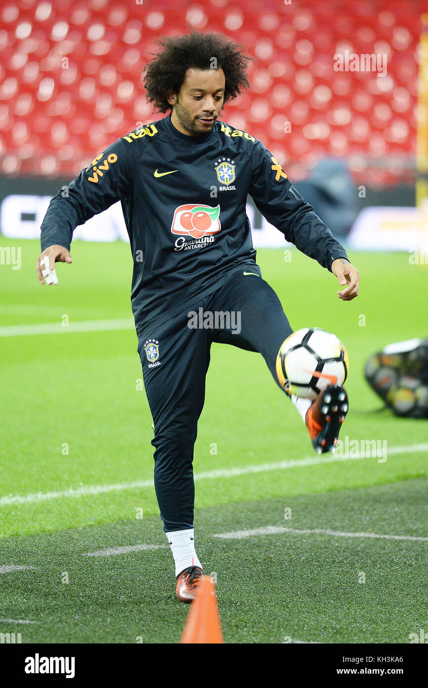 Brazil's Marcelo during a training session at Wembley Stadium, London ...