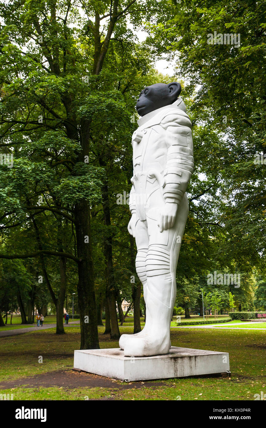 RIGA, LATVIA - SEPTEMBER 3, 2017: Monkey statue (Sam) in space suit in ...