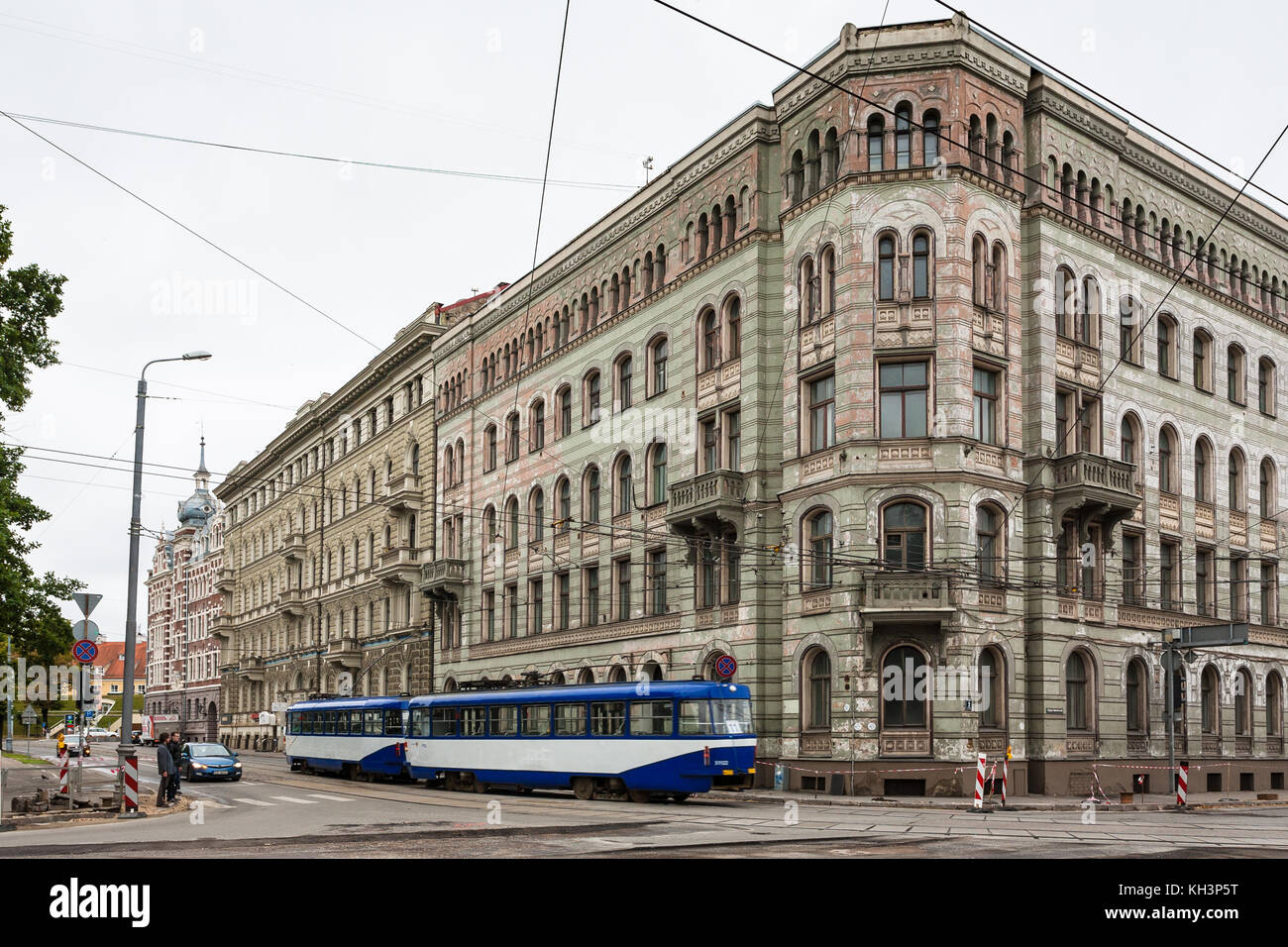 RIGA, LATVIA - SEPTEMBER 3, 2017: people and tram on Krisjana Valdemara ...