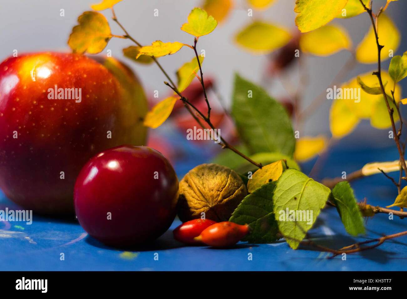 fresh fruits with freash leaves - coloured composition Stock Photo - Alamy