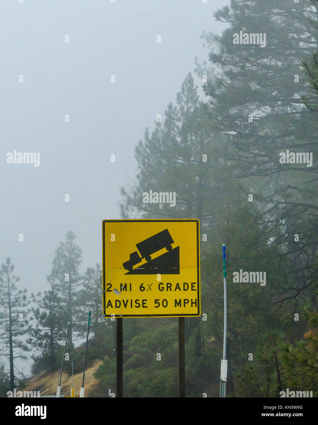 A down grade warning sign on Interstate 80 in the Sierra Nevada ...