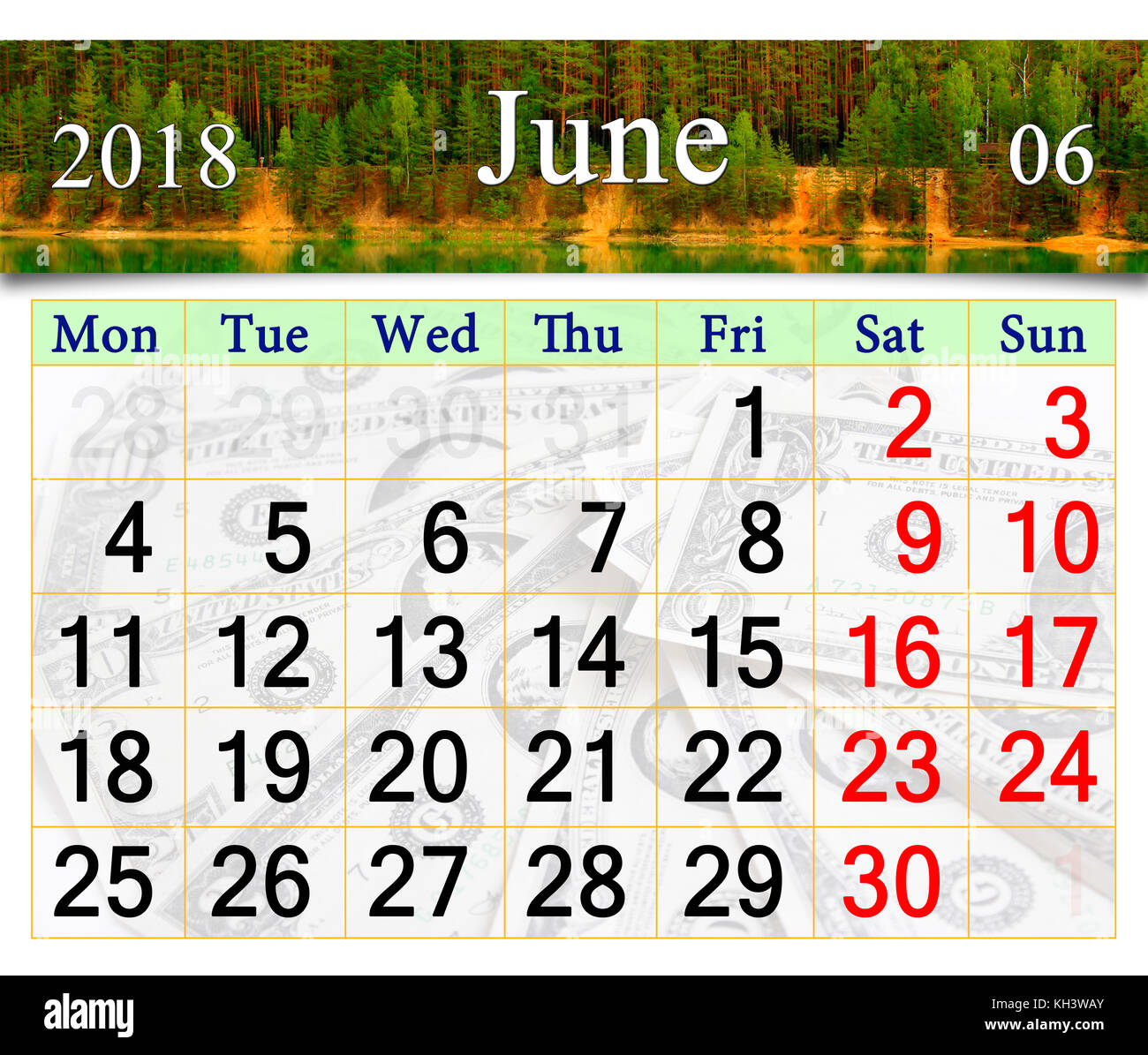 calendar for June 2018 with view to the beautiful forest lake. Office ...