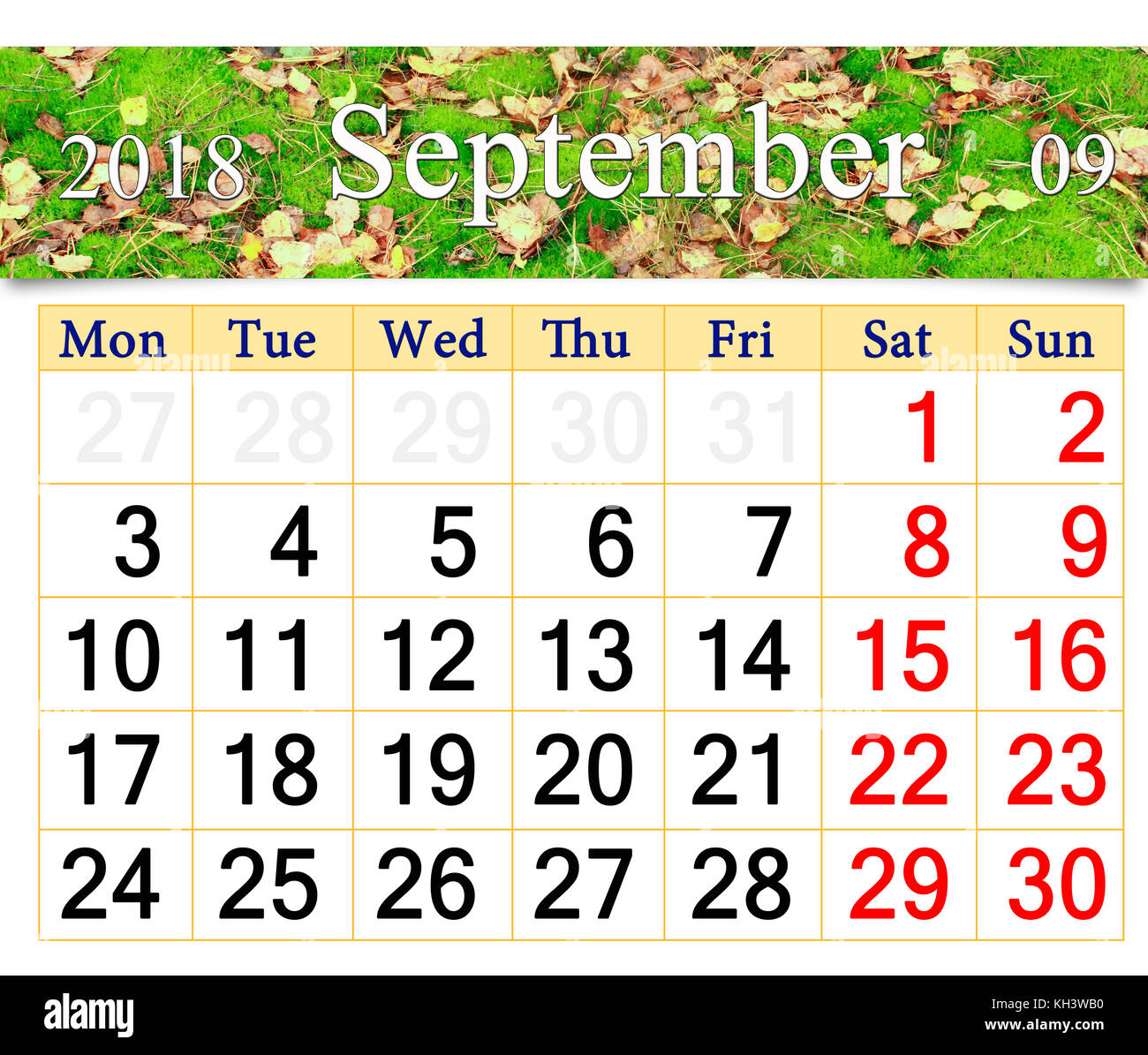 calendar for September 2018 with the ribbon of moss and leaves Stock ...