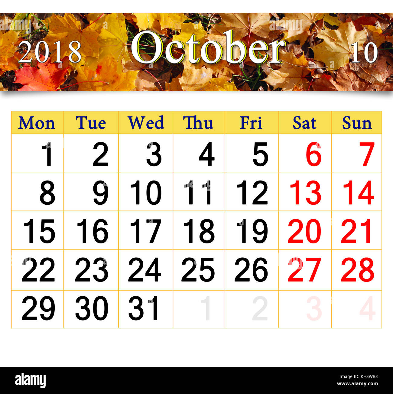 calendar for October 2018 with yellow leaves Stock Photo - Alamy