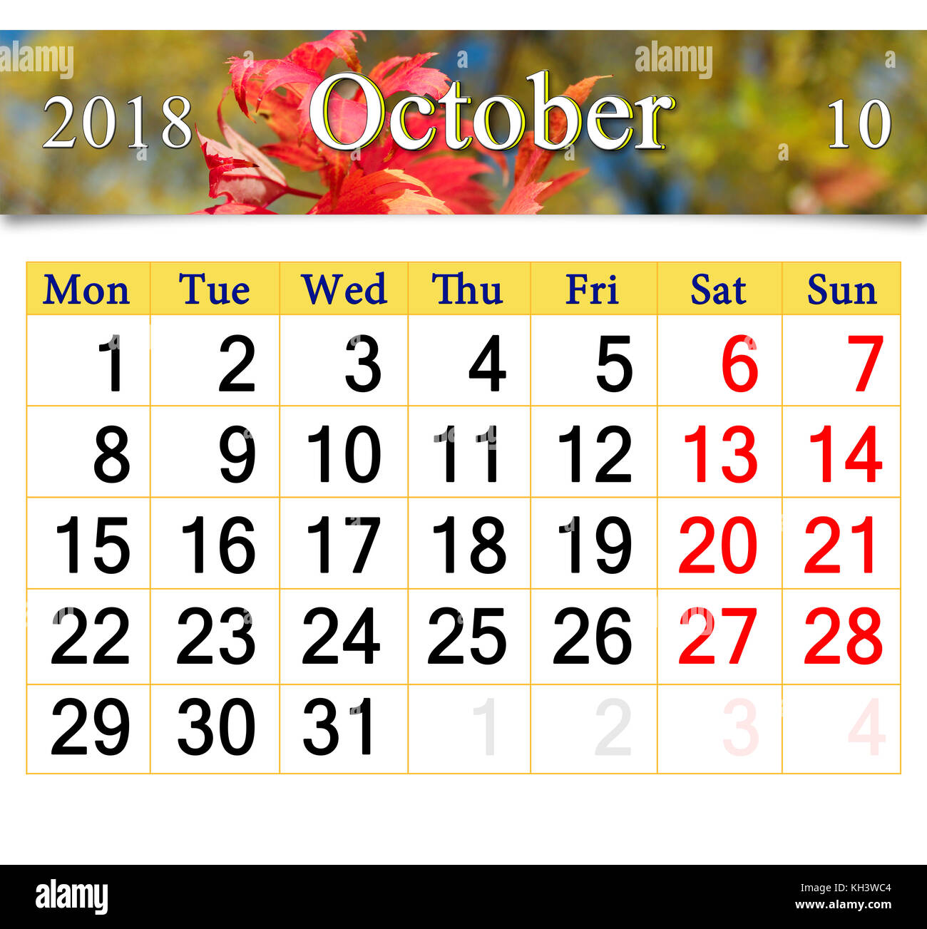 calendar for October 2018 with yellow leaves Stock Photo - Alamy