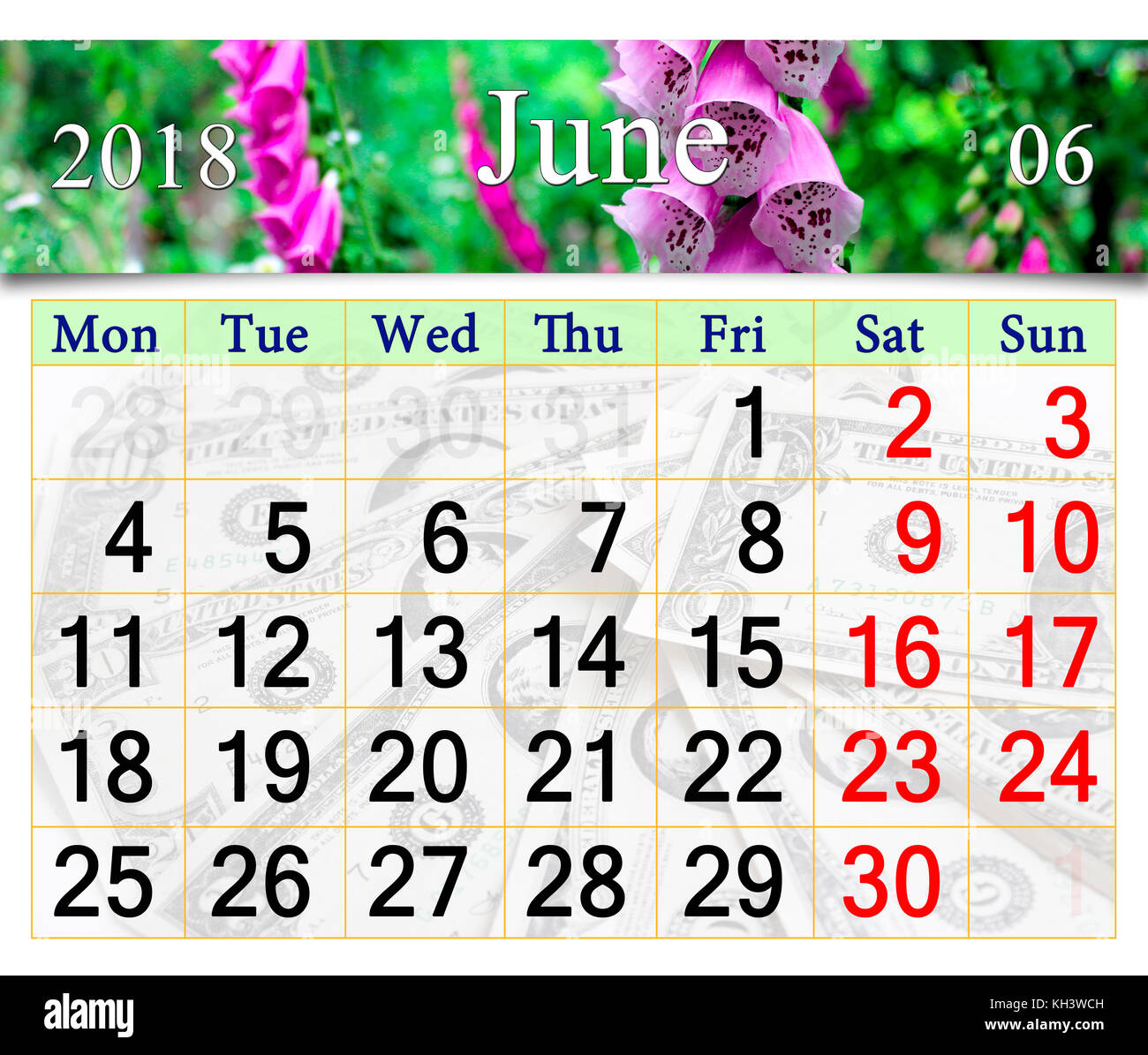 calendar for July 2018 with flowers of lilac bluebells Stock Photo - Alamy