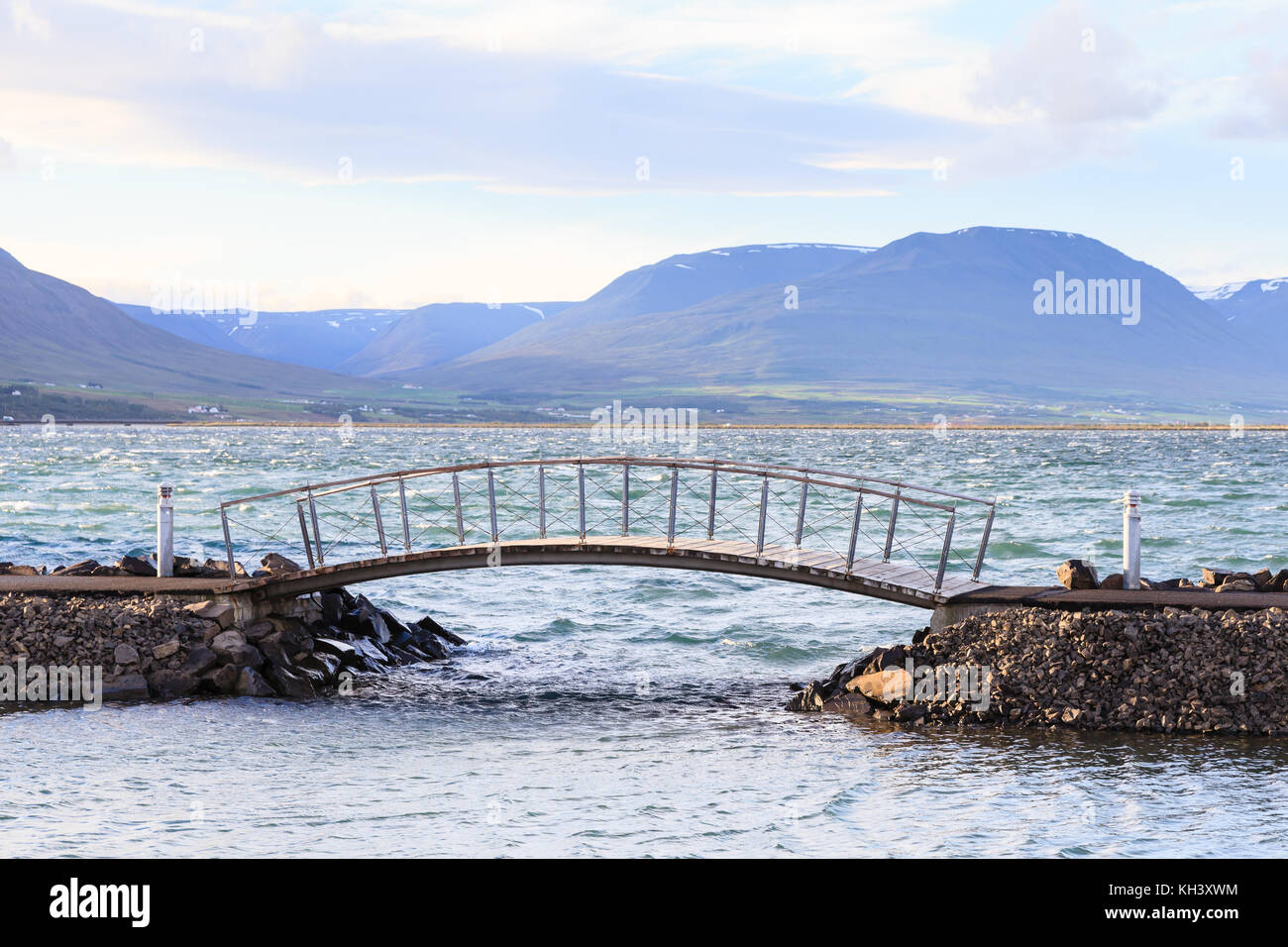A footbridge viewed from Strandgata in the city of Akureyri in Northern ...