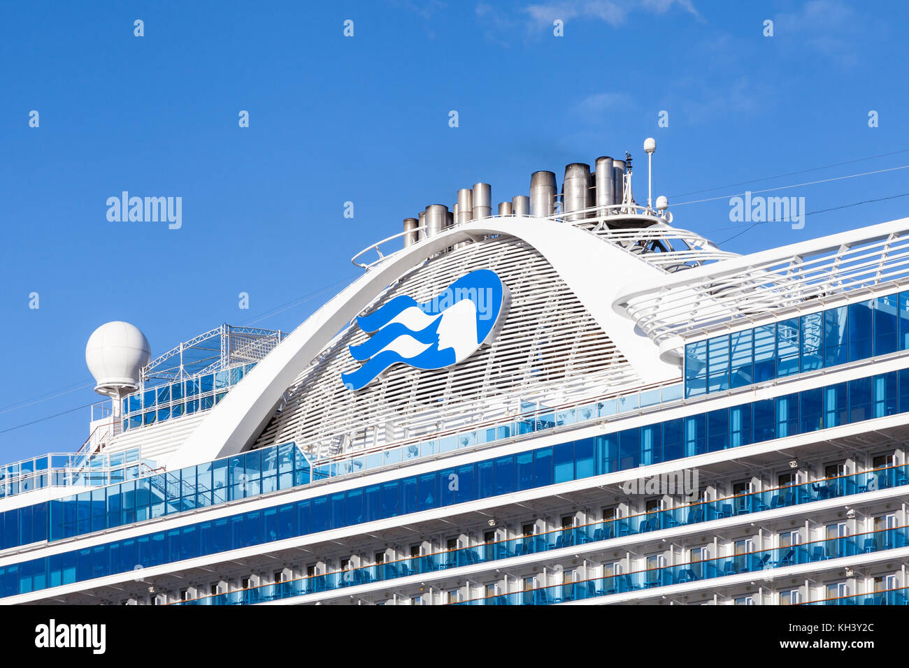 The funnel and upper decks of the cruise ship Caribbean Princess are ...