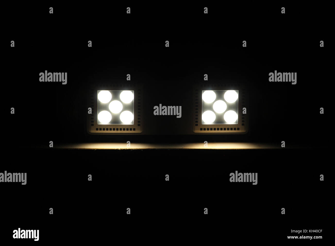 Two LED lights on the dark wooden ceiling, technology background Stock ...