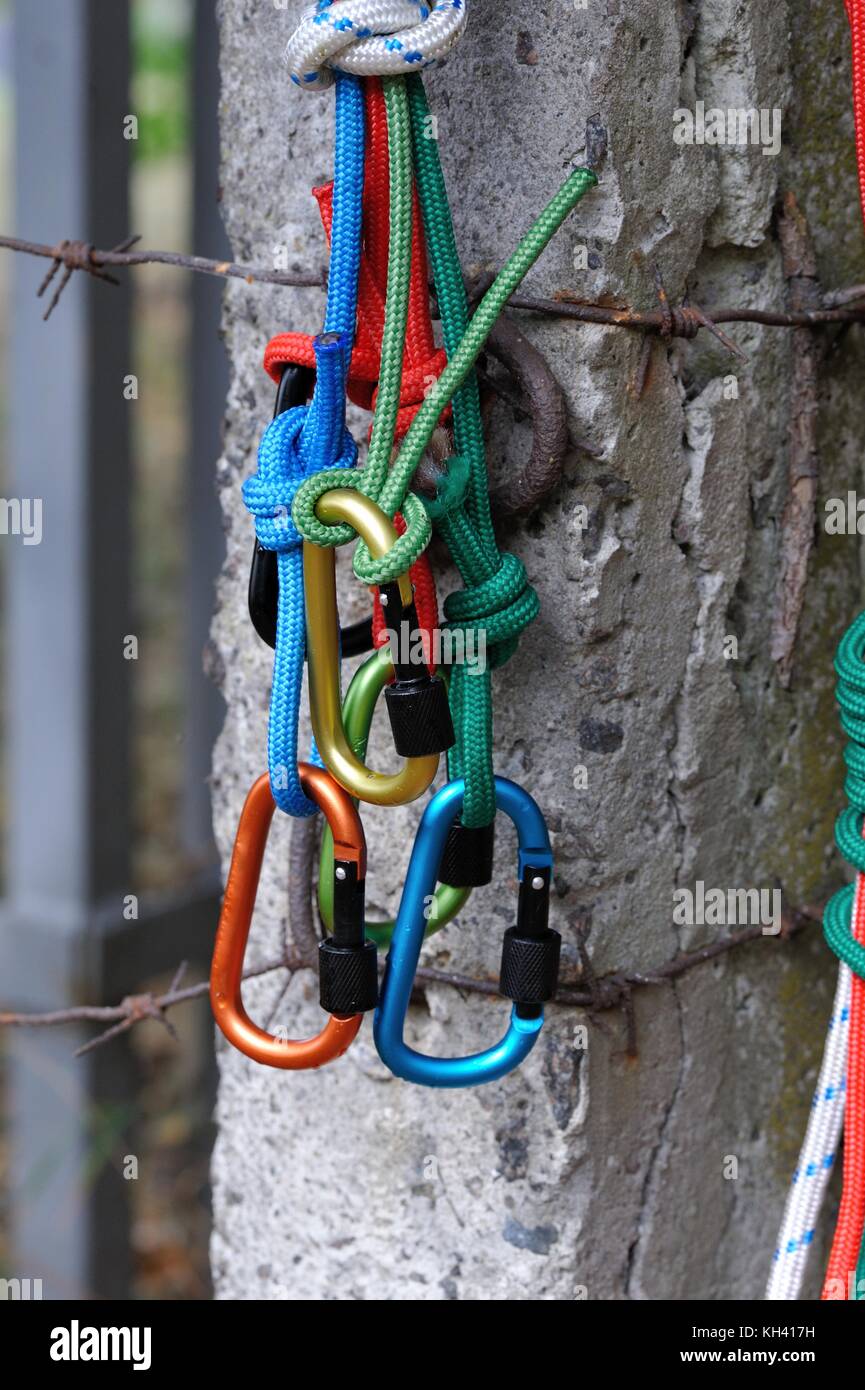 Carabiner with rope on nature background. Climbing uquipment.Climbing ...