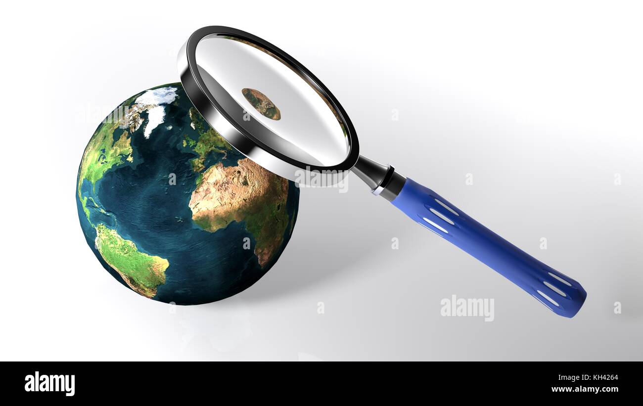 Magnifier on planet Earth - 3D rendering Stock Photo - Alamy