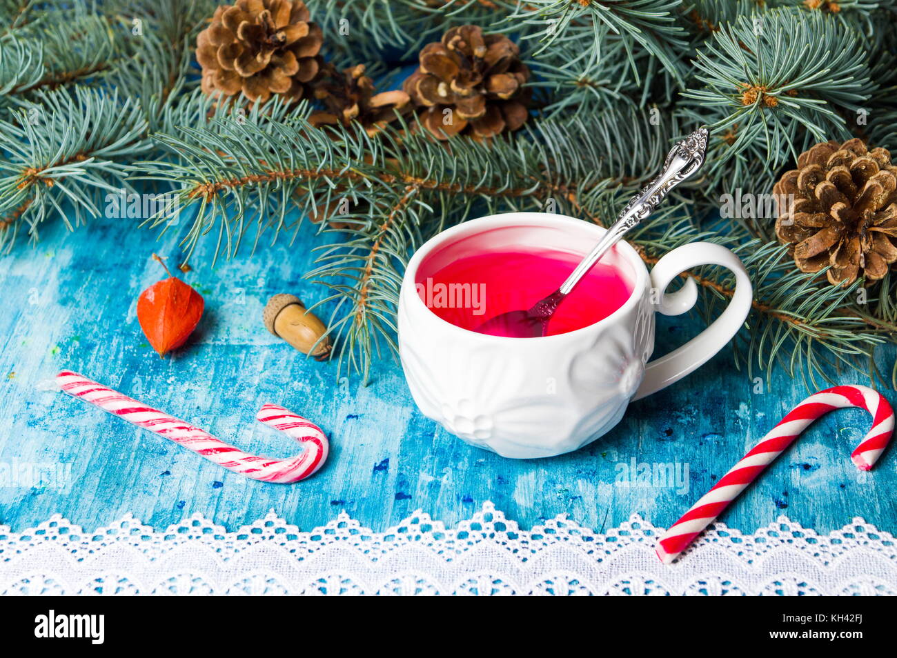 Cup of tea with fir tree and festive decorations Stock Photo - Alamy