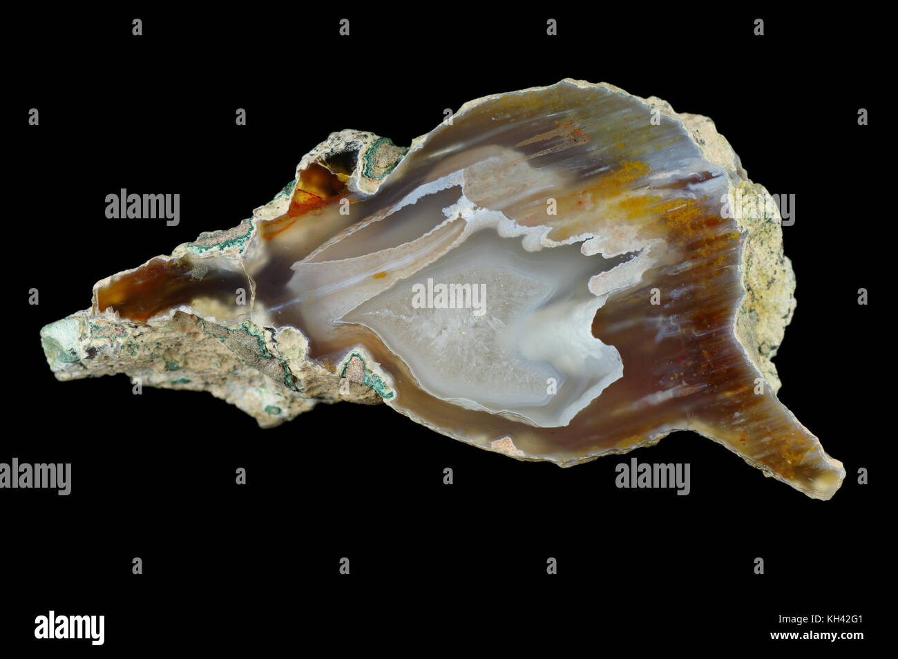 A cross section of the stalactite agate stone. Multicolored silica ...