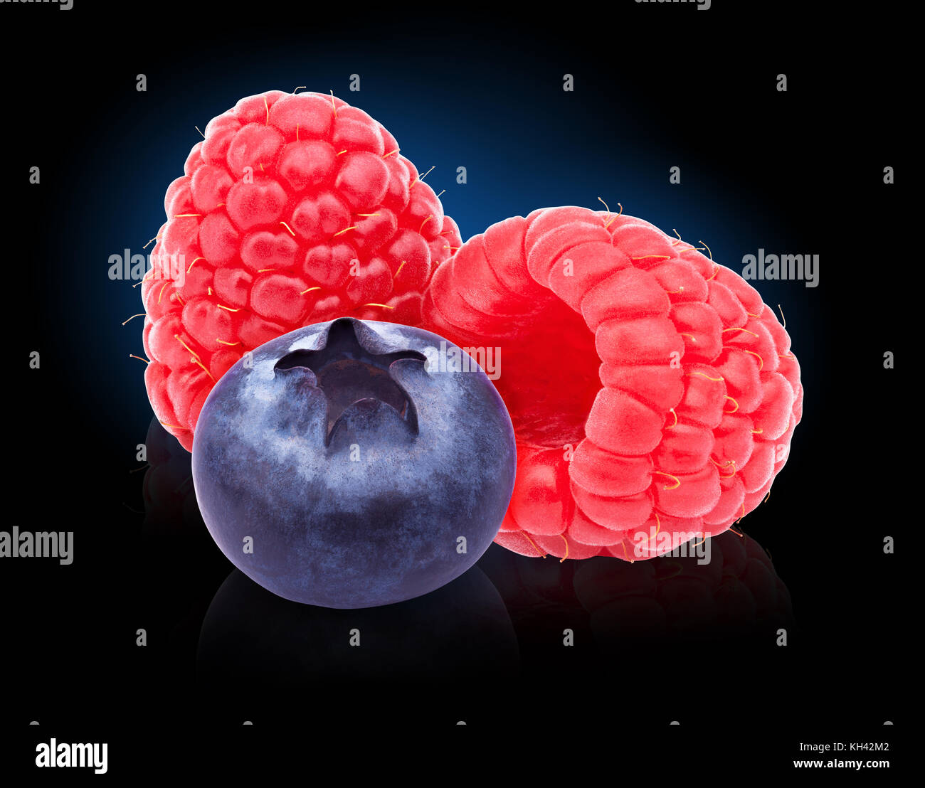 Two raspberries and one blueberry isolated Stock Photo - Alamy