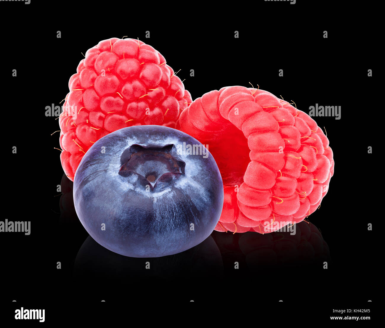 Two raspberries and one blueberry isolated Stock Photo - Alamy