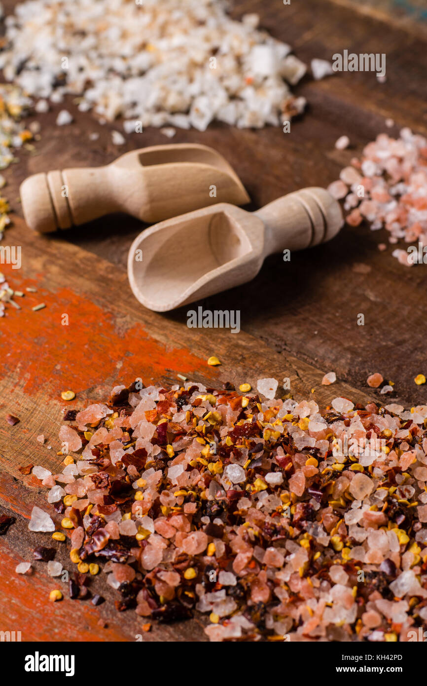 Variety of sea salt, pink Himalayan salt, colorful salt with dried ...