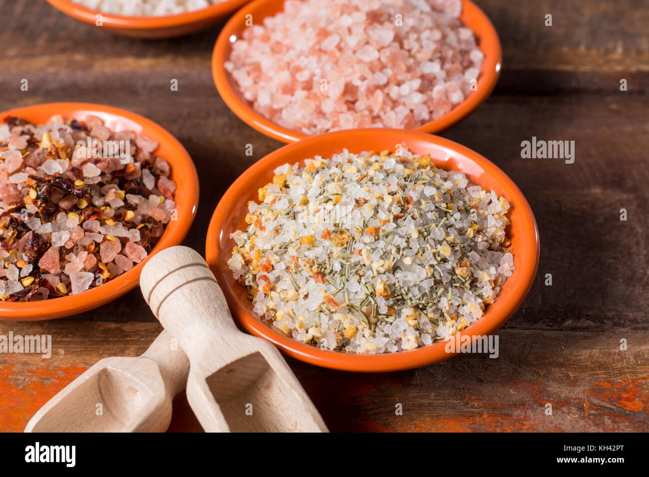 Variety of sea salt, pink Himalayan salt, colorful salt with dried ...