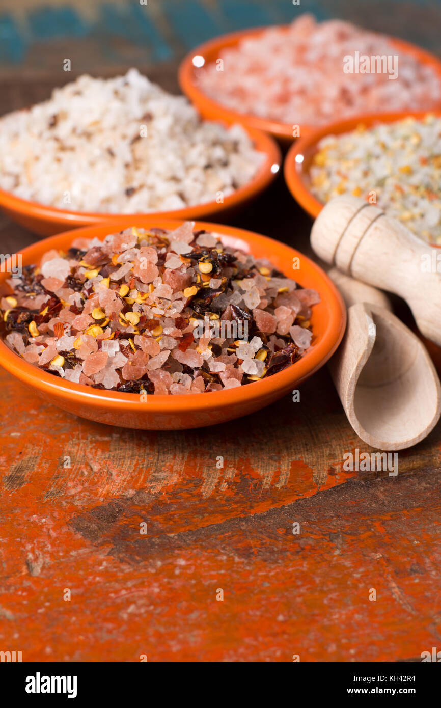 Variety of sea salt, pink Himalayan salt, colorful salt with dried ...