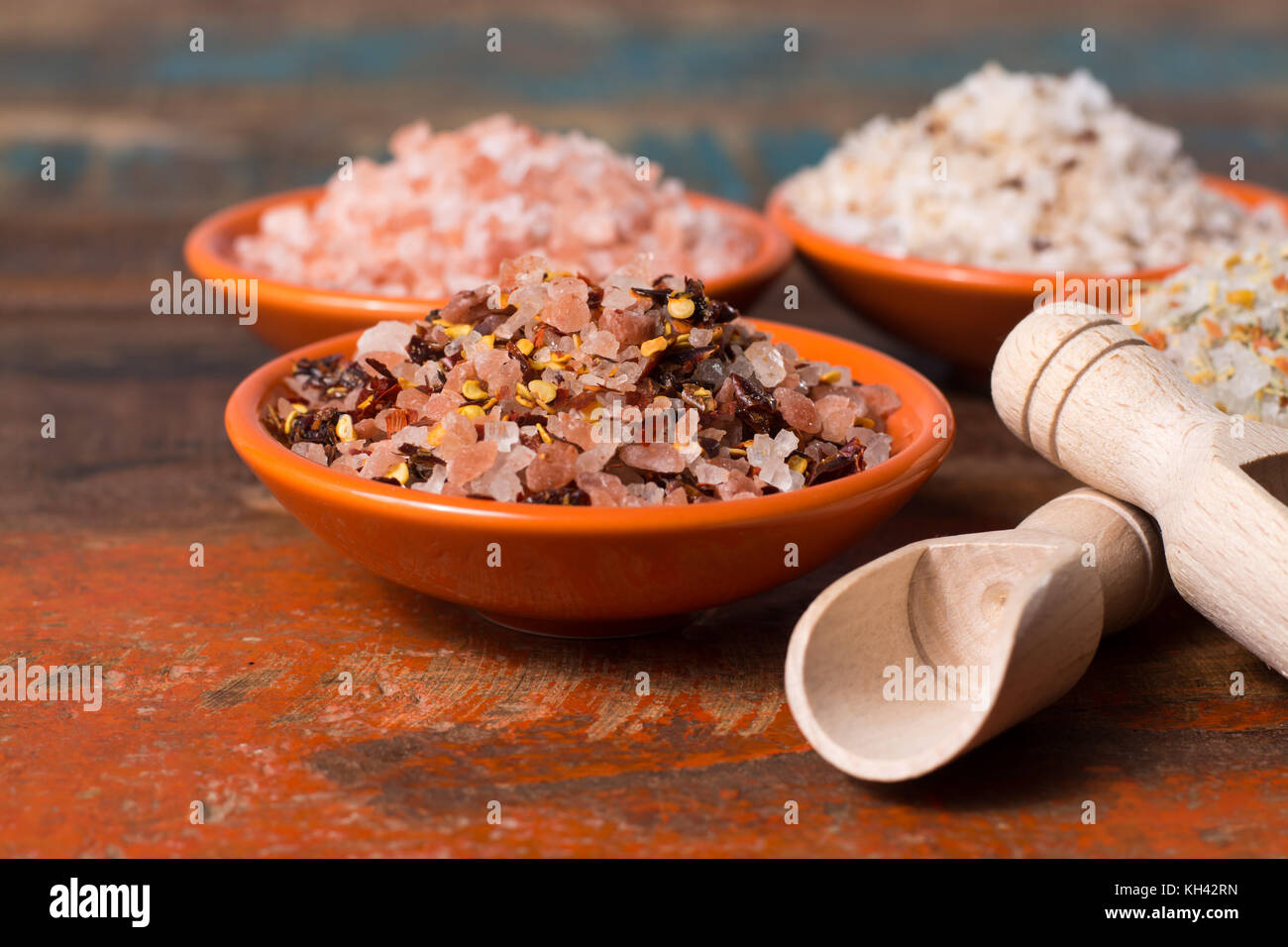 Variety of sea salt, pink Himalayan salt, colorful salt with dried ...