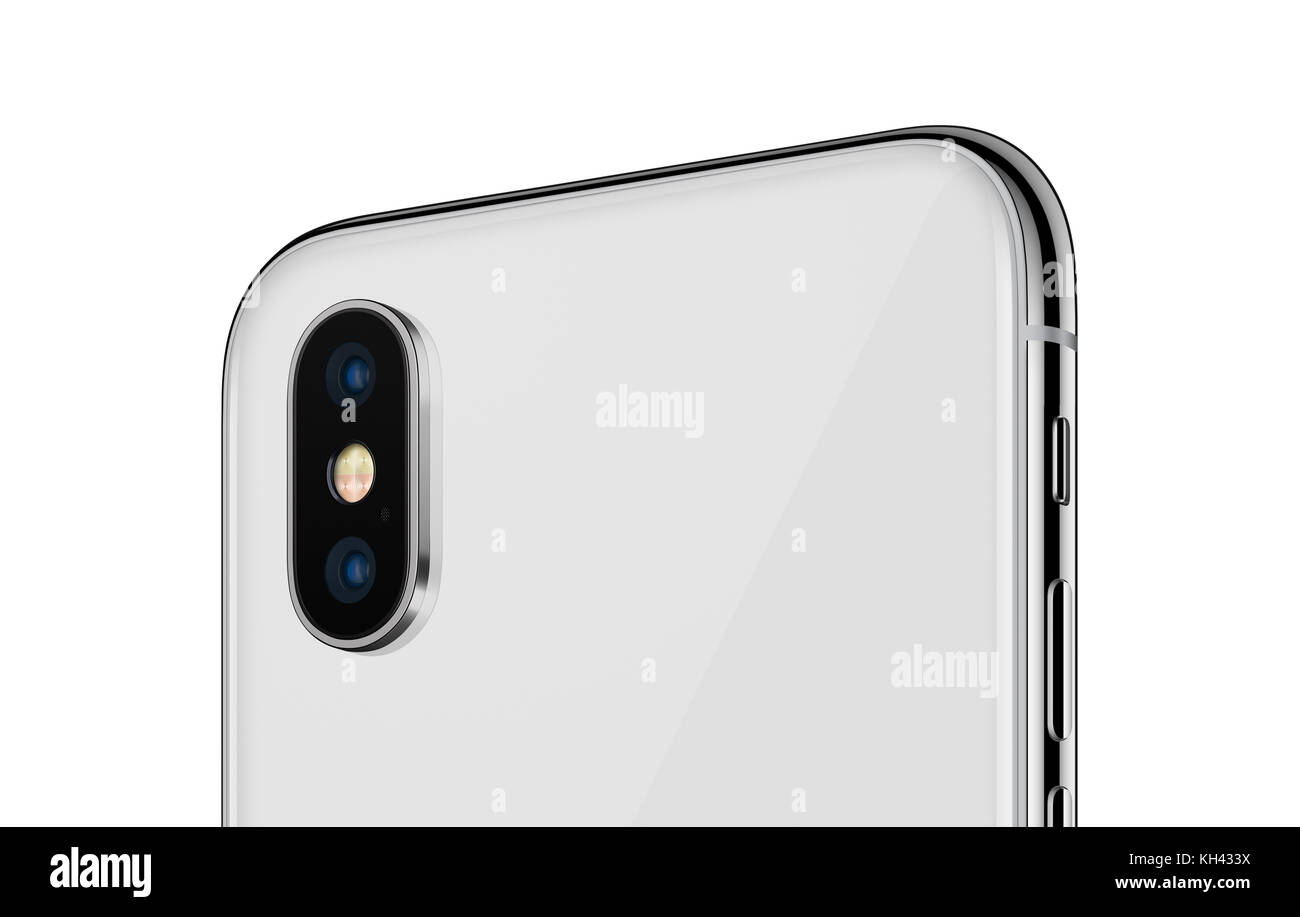 White rotated smartphone similar to iPhone X back side close up with ...