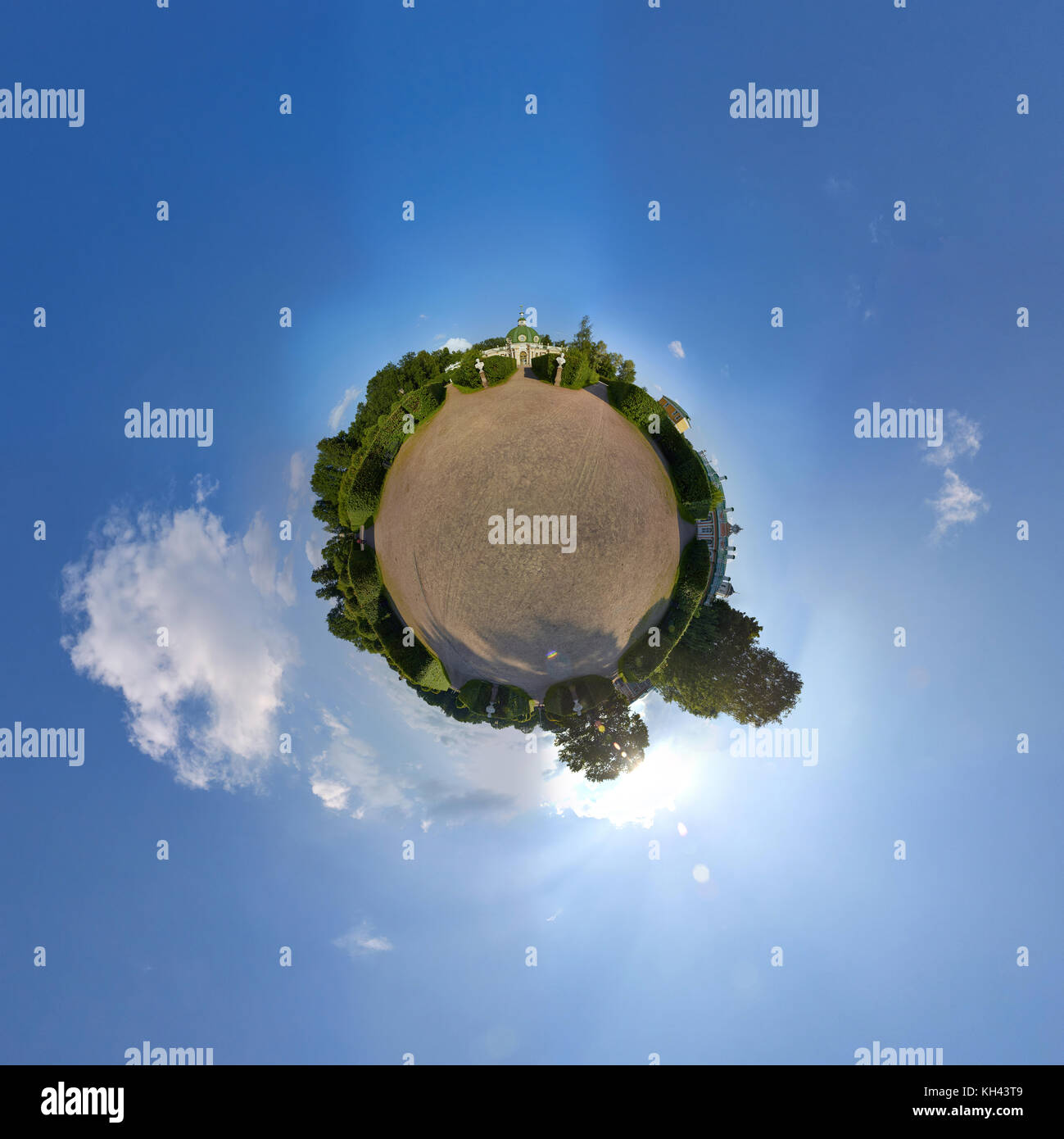 Global 360° little planet panoramic view of garden in Kuskovo estate ...
