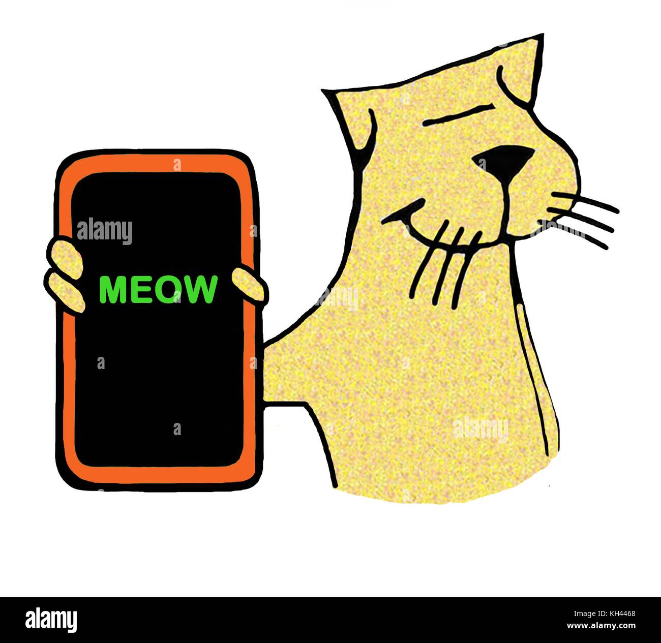 Cartoon illustration of a smiling cat holding a cell phone that the ...