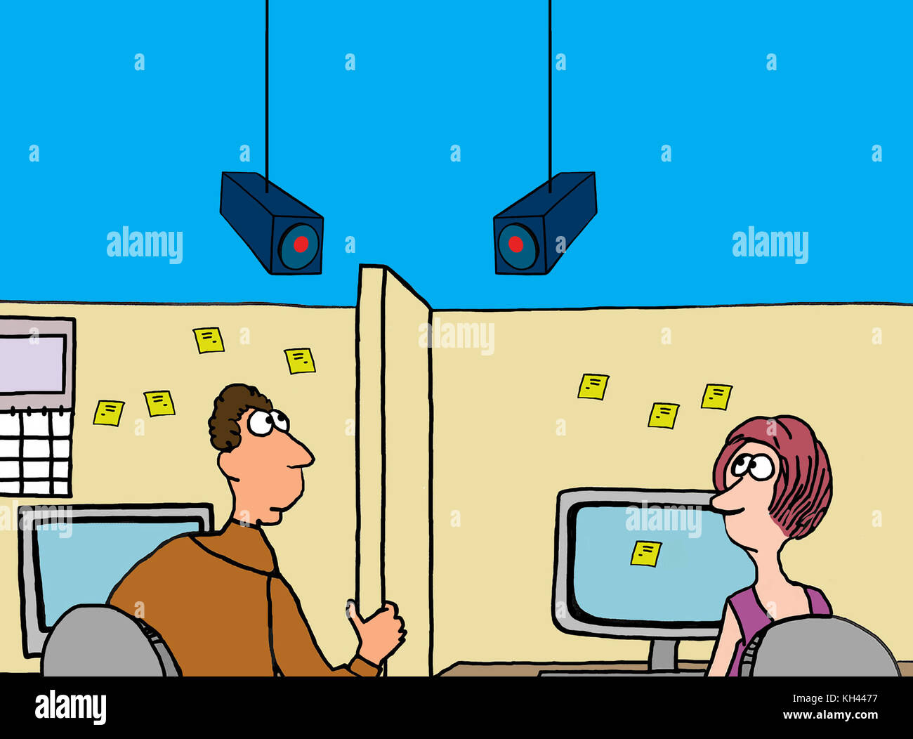 Business cartoon illustration showing workers leery of the security ...