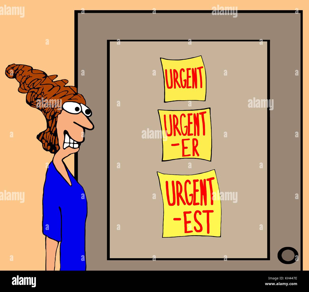 Business cartoon illustration showing a woman stressed by the 'urgent ...