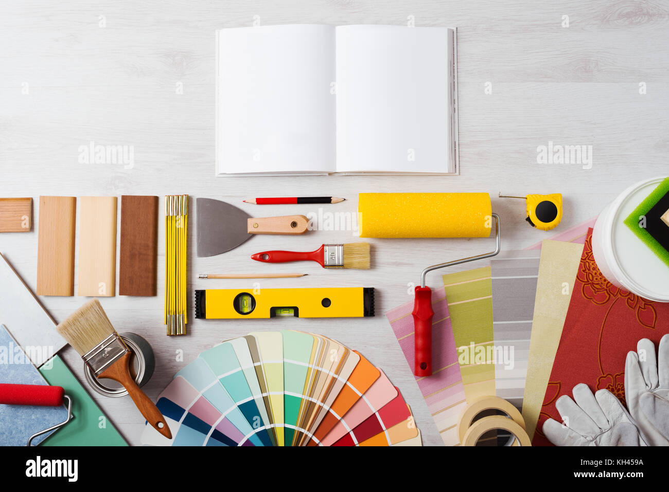 DIY training open manual with work tools, color swatches and painting ...
