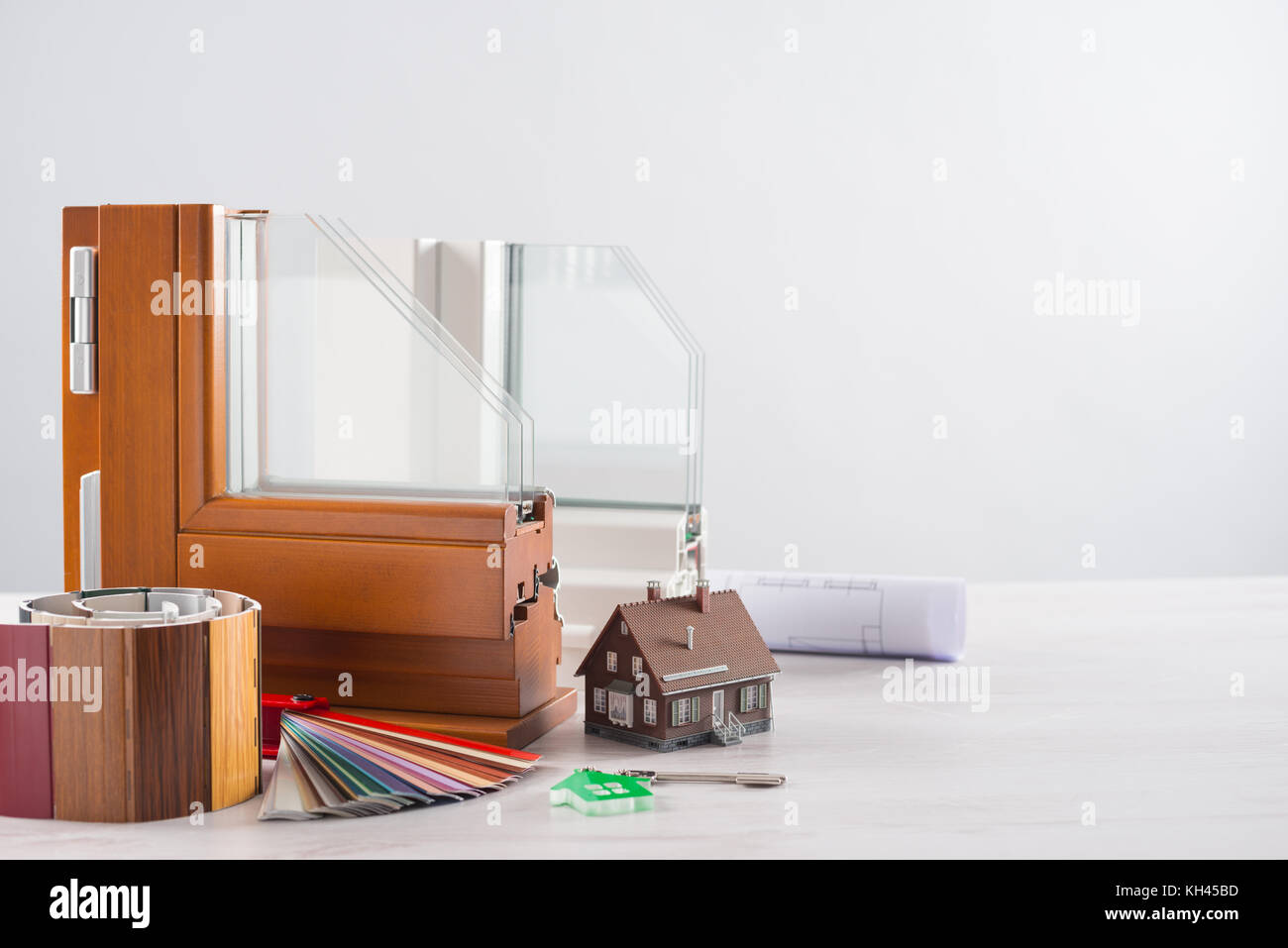 Windows section with triple glazing and wooden frame, shutters swatches ...