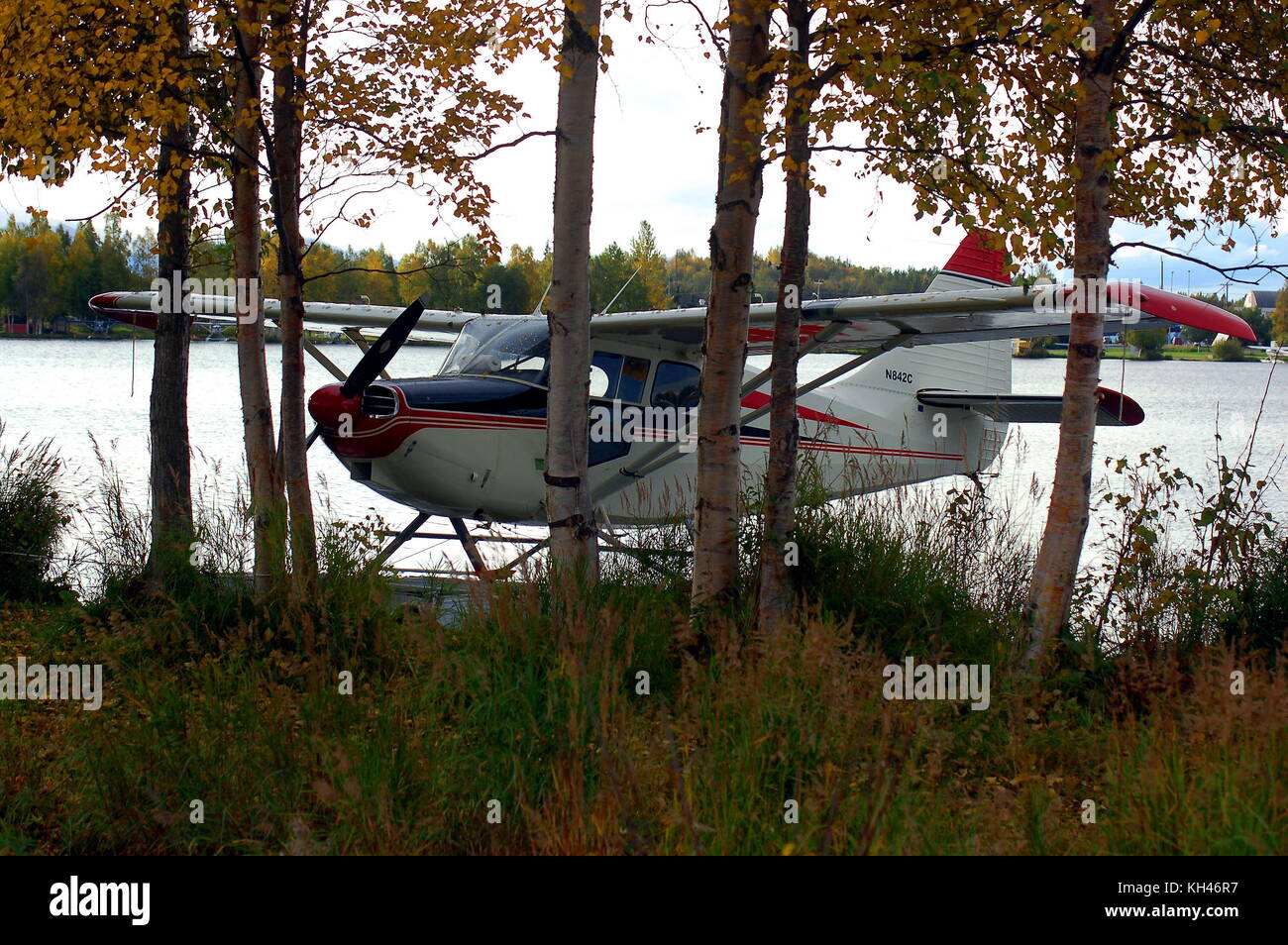 A classic Stinson floatplane at rest on the Lake Hood seaplane base ...