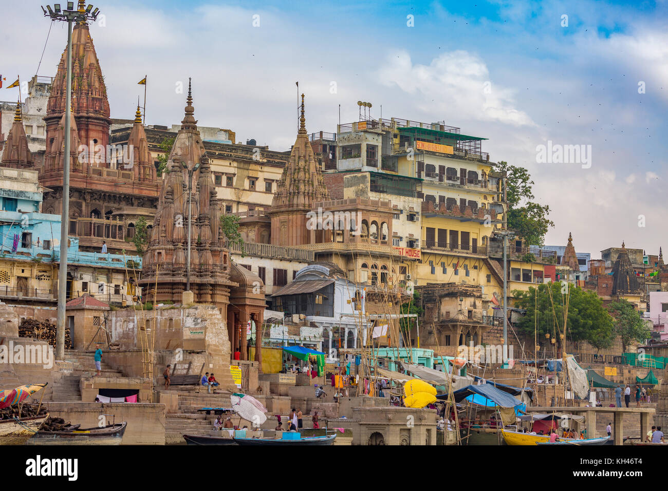 Varanasi city view with old architectural buildings and temples along ...