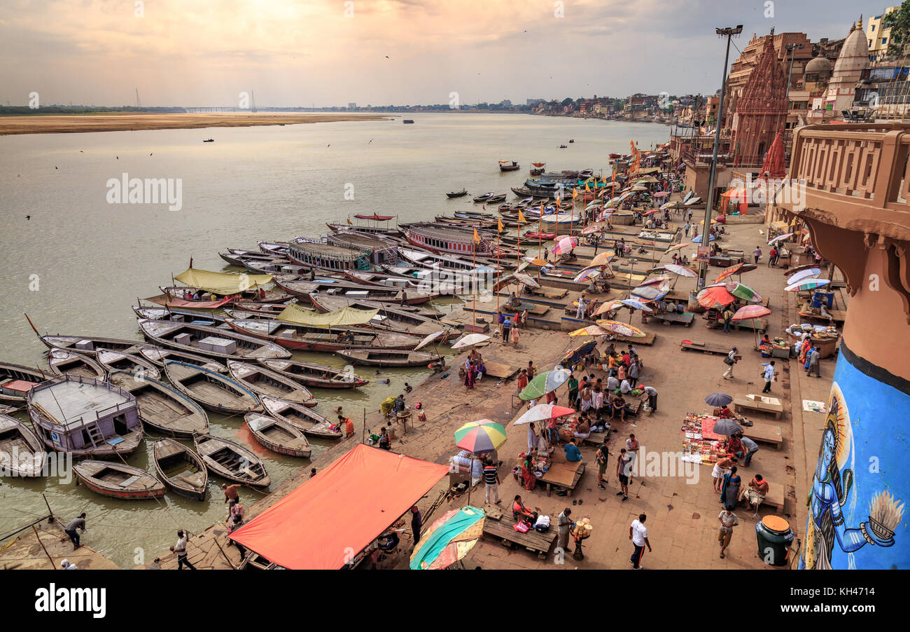 Varanasi India Ganges river bank aerial view with ancient architectural ...