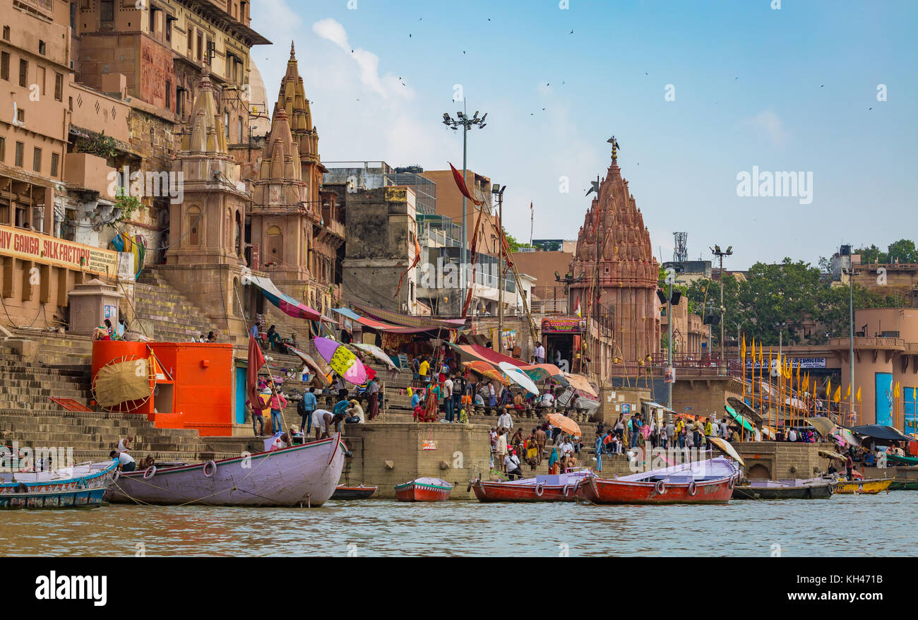 Varanasi city view with old architectural buildings and temples along ...