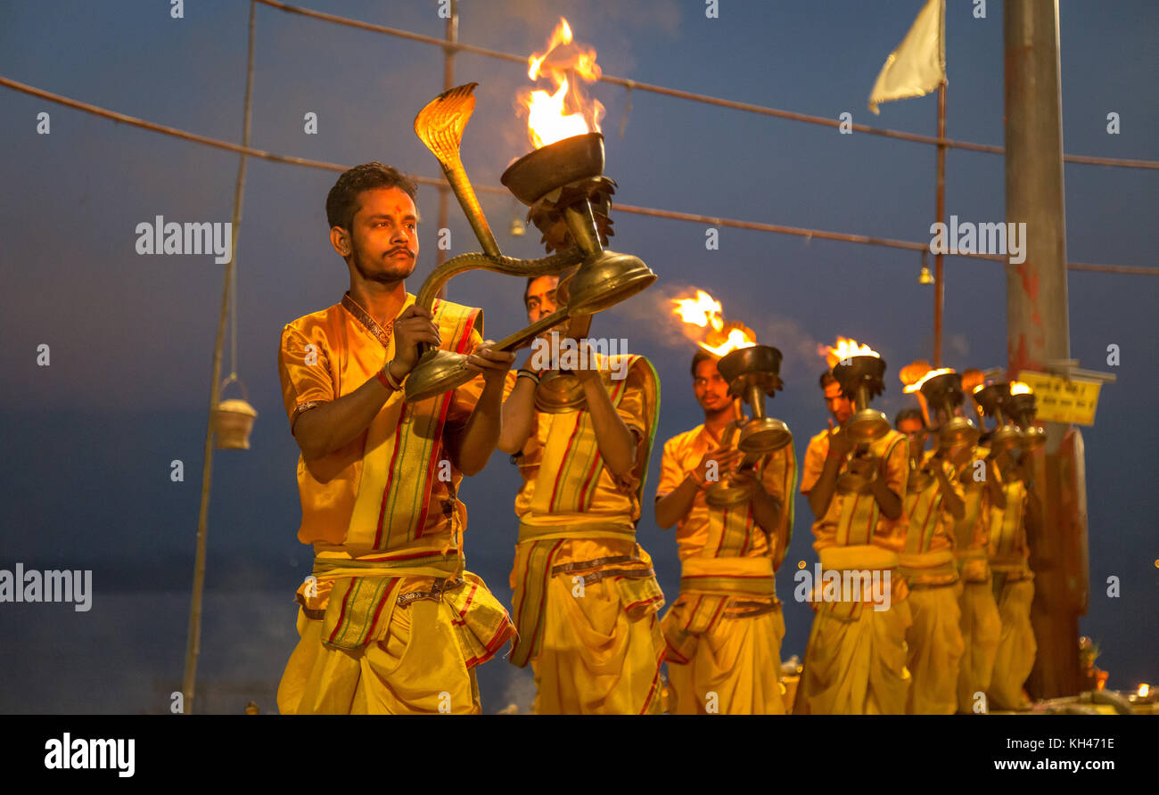 Varanasi Ganga aarti ceremony rituals performed before sunrise by young ...