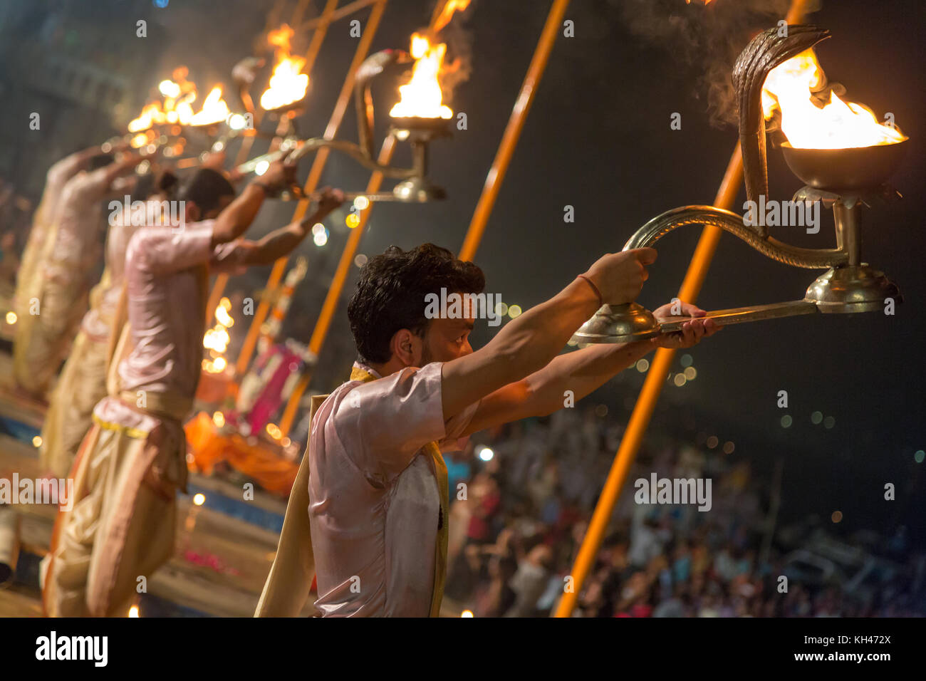 Varanasi Ganga aarti ceremony rituals performed by Hindu priests at ...