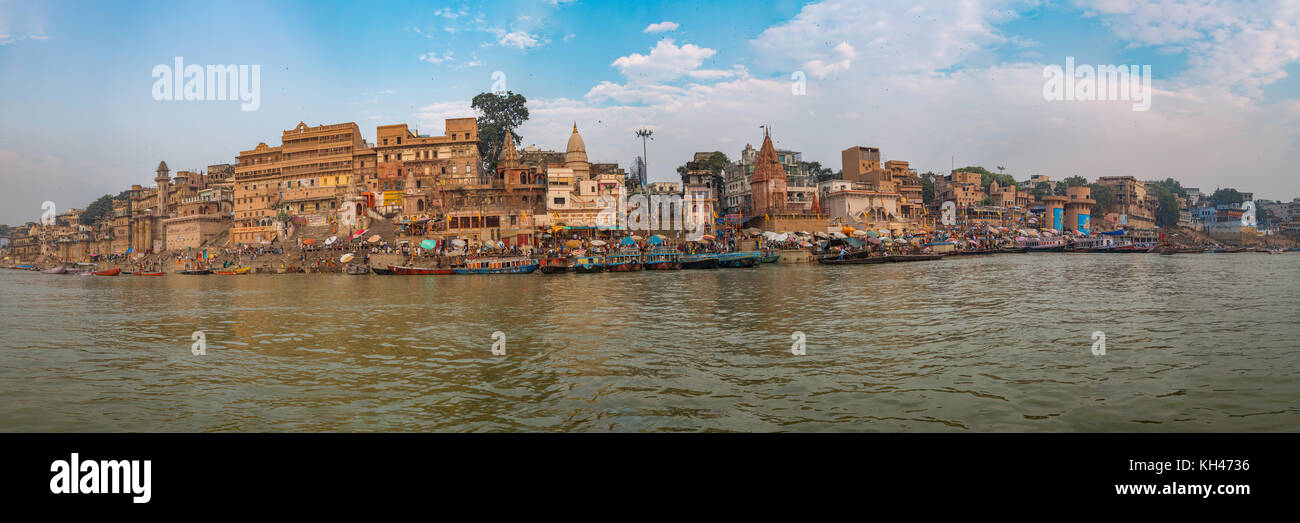Varanasi India panoramic view of Ganges river bank with ancient city ...