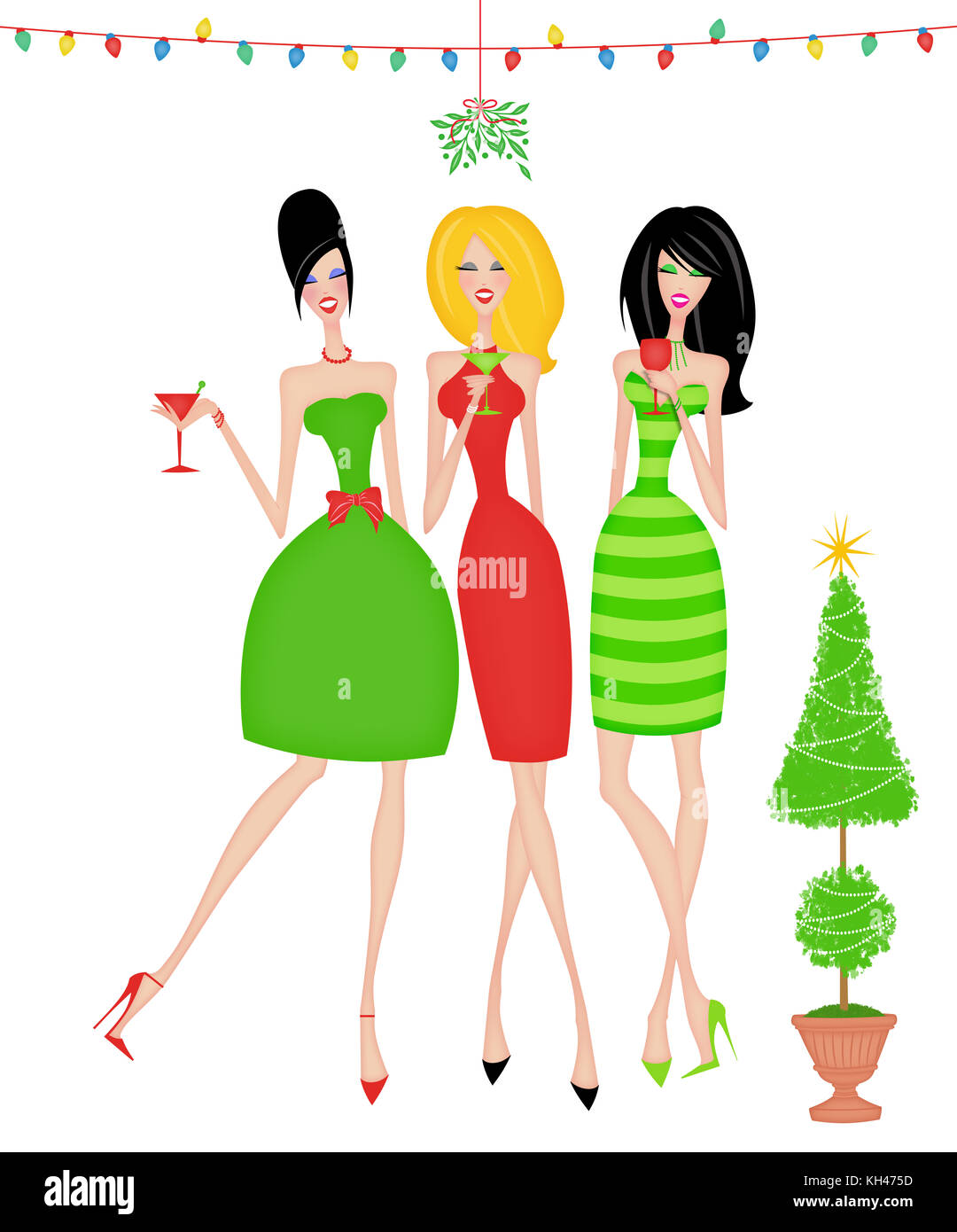 Girlfriends at a Christmas party under the mistletoe isolated on white ...