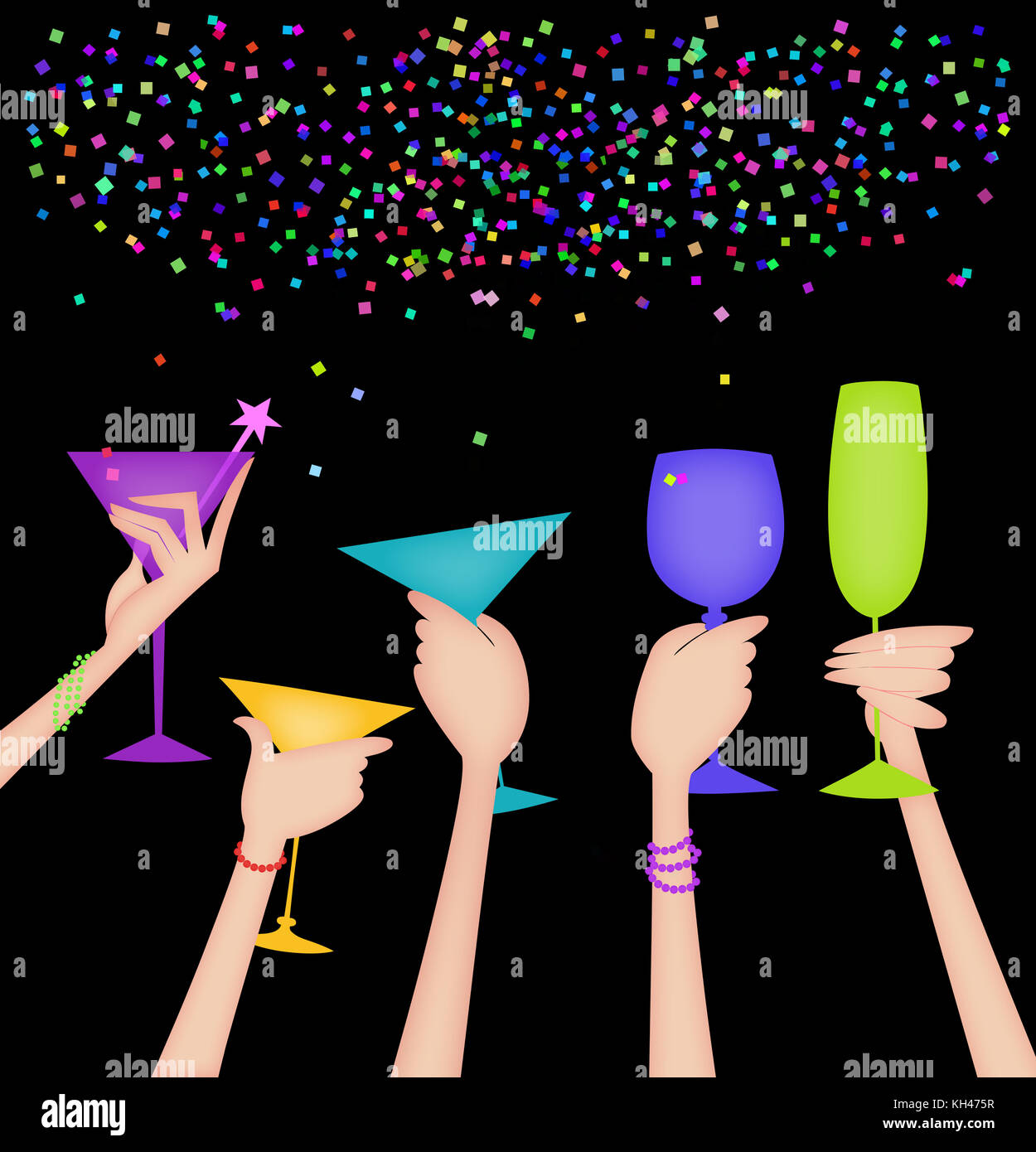 Hands raising glasses in a celebratory toast with confetti on a black ...