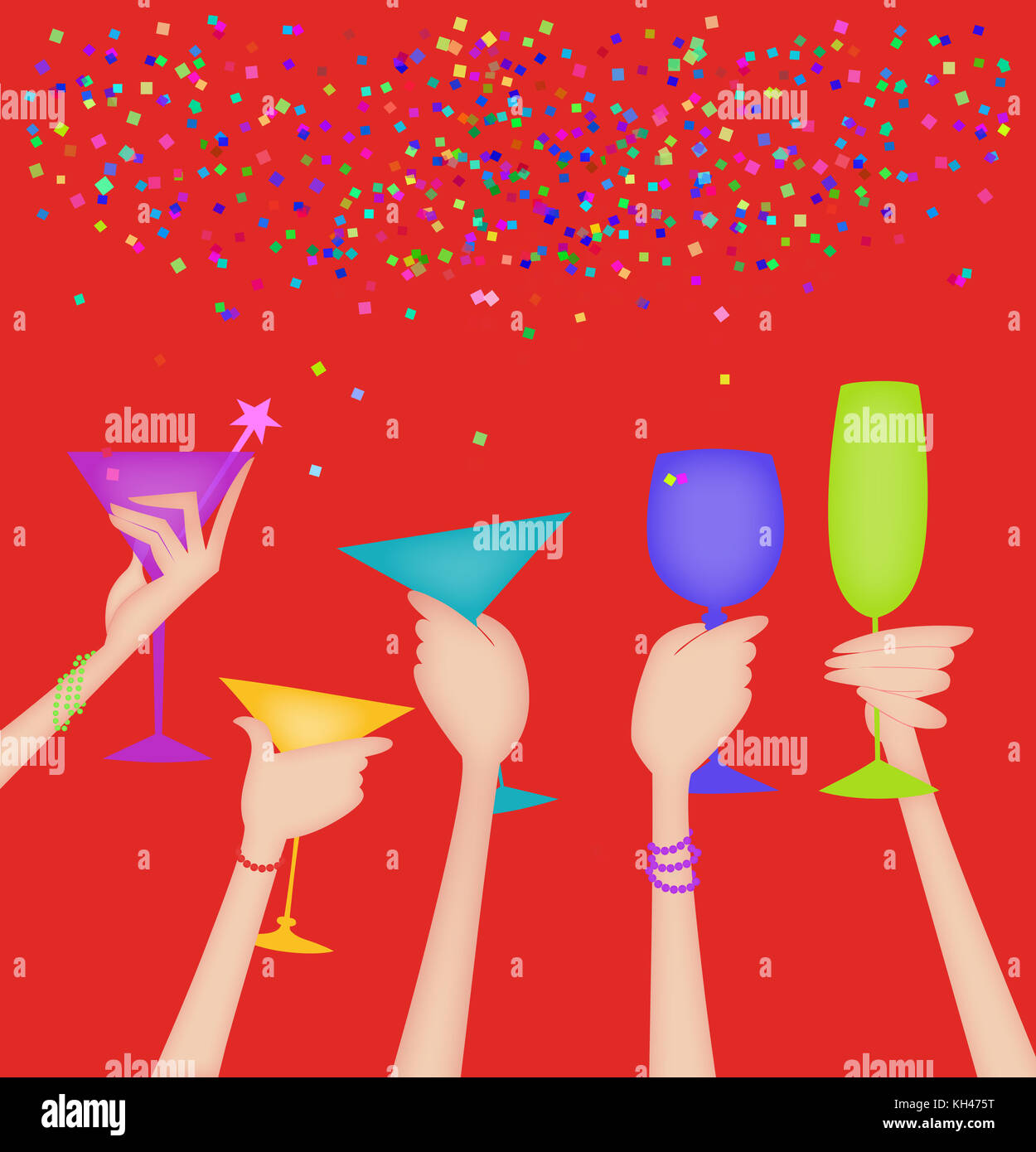Hands raising glasses in a celebratory toast with confetti on a red ...
