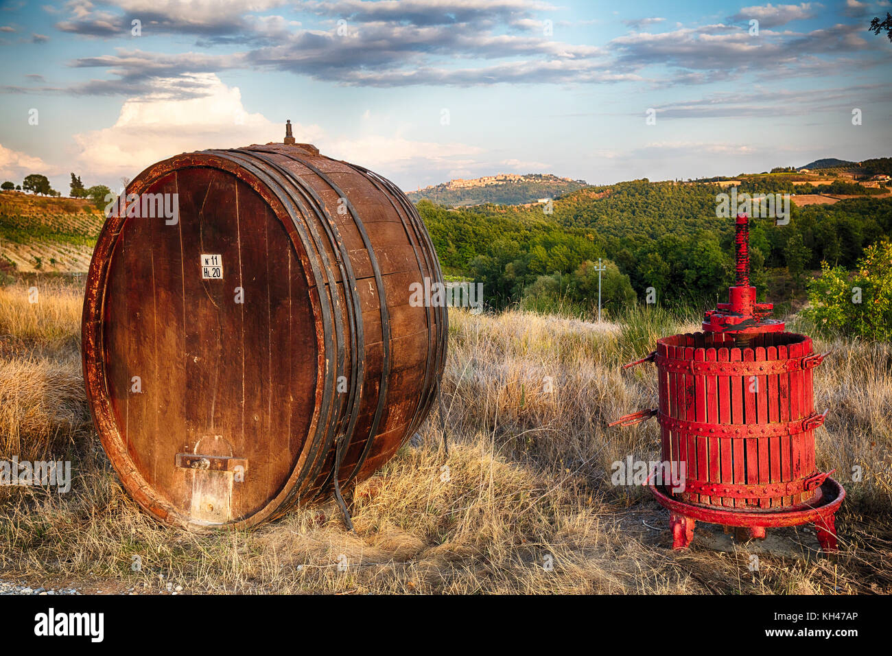Wine Barrel and Grape Press Along a Country Road, Pienza, Val D'Orcia ...