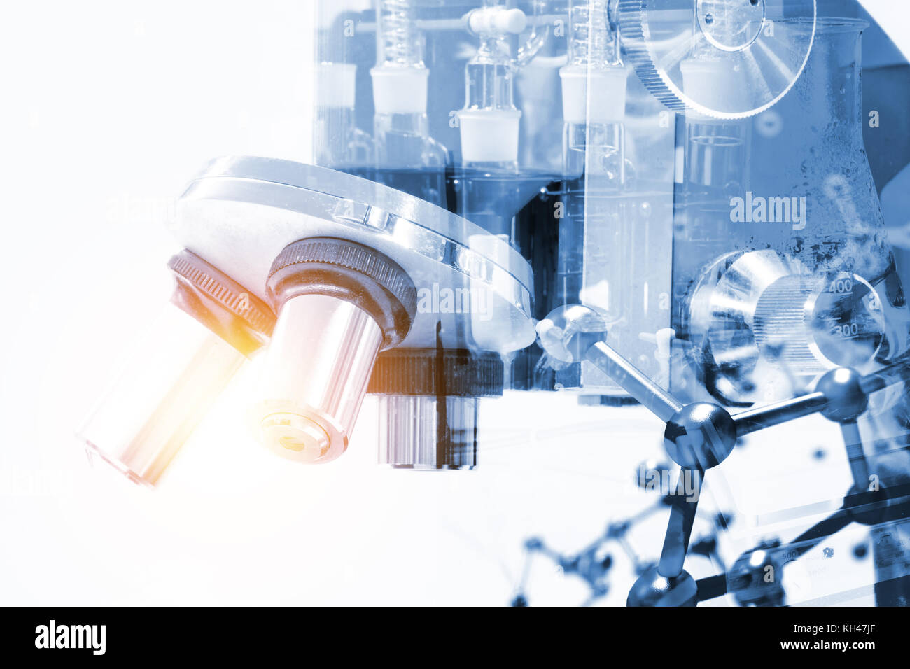 Smart scientist technology concept. Double exposure of microscope ...
